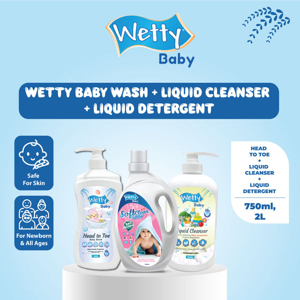 Wetty Baby Head to Toe (750ml) + Liquid Cleanser (750ml) + Liquid Dete ...